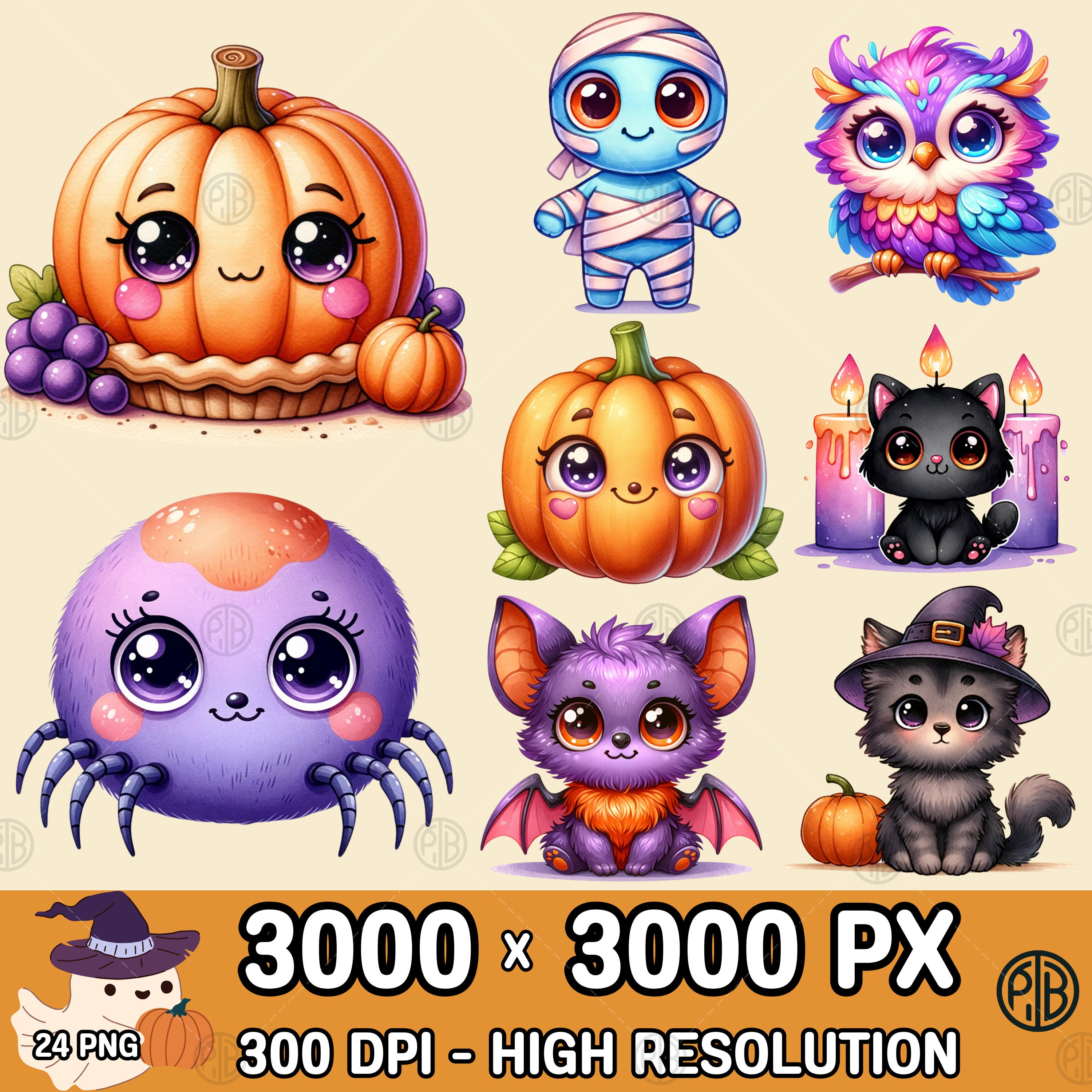 Watercolor Cute Pastel Halloween PNG, Kawaii Witch Clip Art, Spooky ...