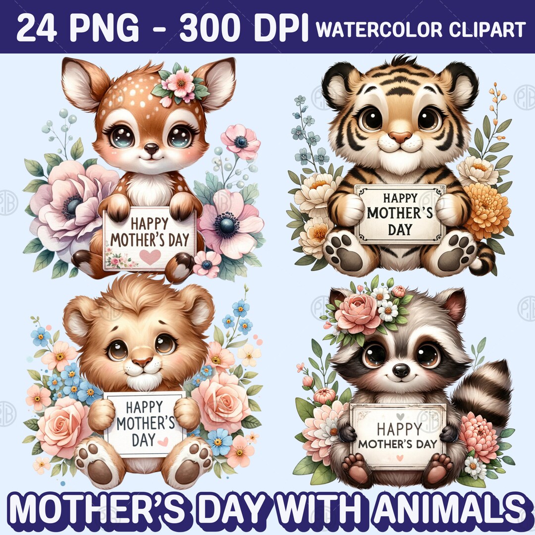 Watercolor Mothers Day Animals PNG, Cute Happy Mother's Day Clipart ...