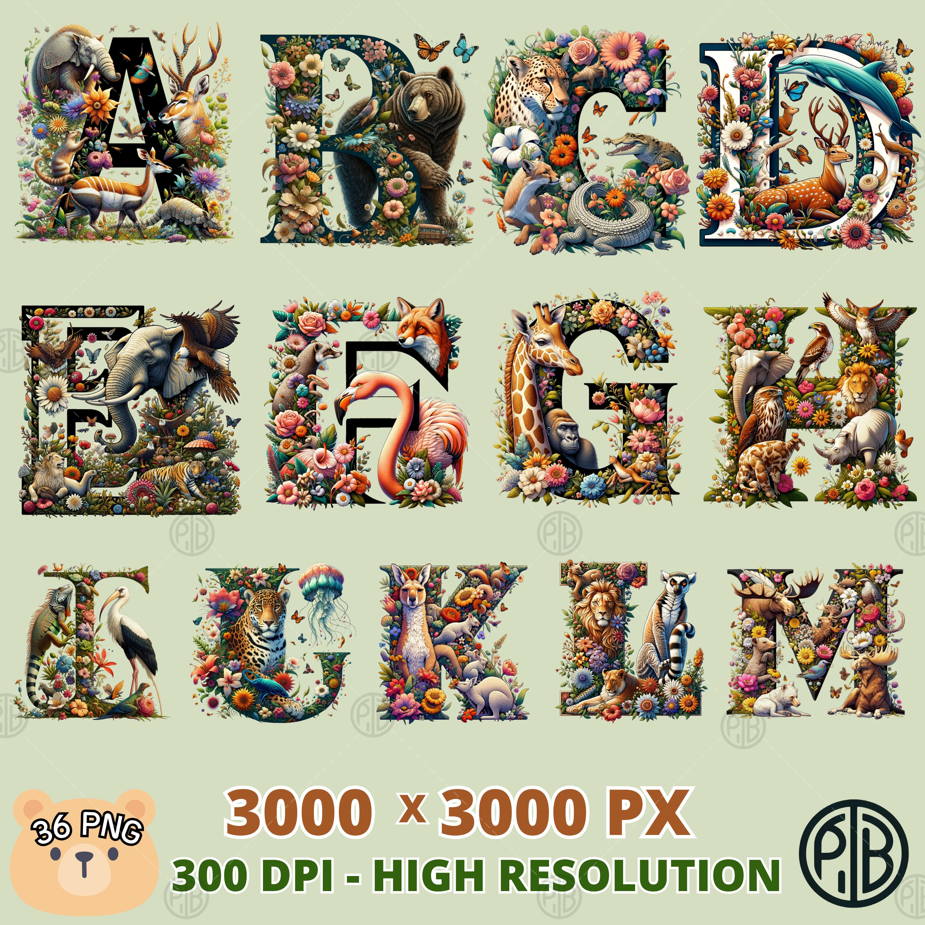 Watercolor Alphabet & Number Wild Animals Clipart, Safari Animal Forest ...