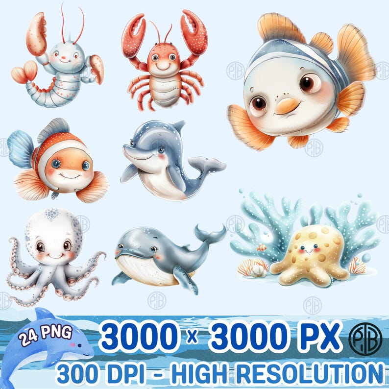 Watercolor Cute Ocean Animals PNG, Sea Sweeties Clip Art, Sealife ...