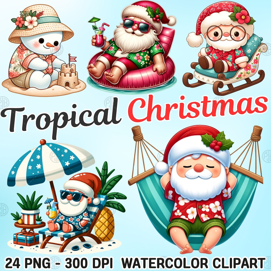 Watercolor Tropical Christmas PNG, Cute Santa Claus in July Clip Art ...