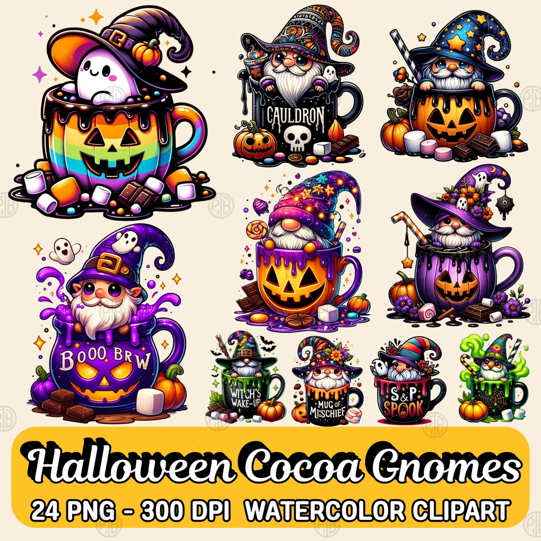 Watercolor Halloween Cocoa Gnomes PNG, Cute Coffee Gnome Clip Art ...