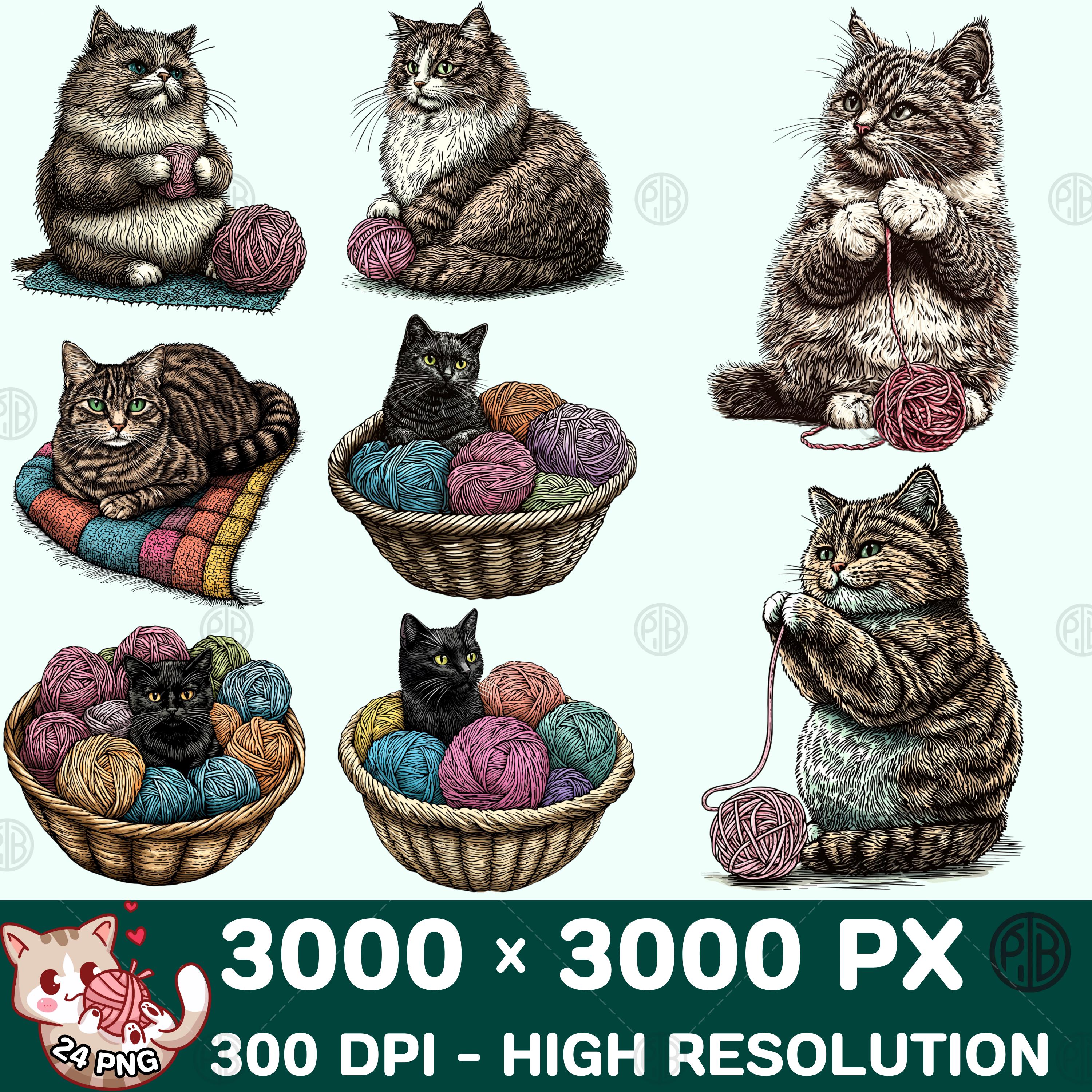 Watercolor Cat With Yarn PNG, Cute Kitten Yarn Balls Clip Art, Playful ...