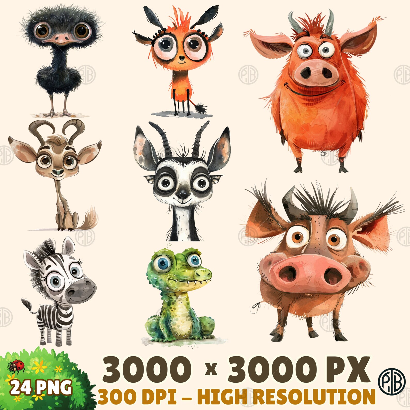 Watercolor Quirky Safari Animals PNG, Silly Wild Animal Clip Art ...