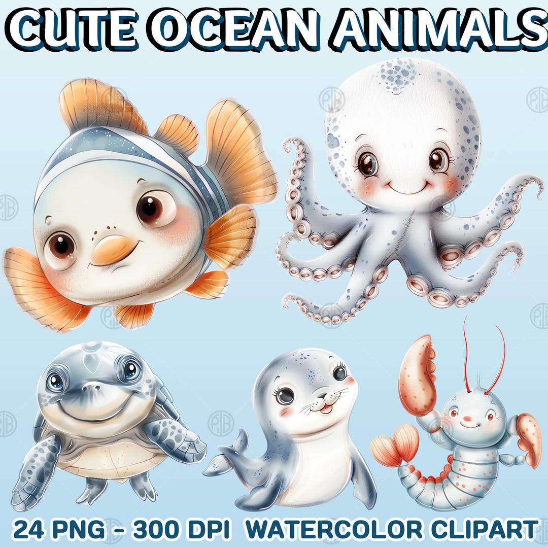 Watercolor Cute Ocean Animals PNG, Sea Sweeties Clip Art, Sealife ...