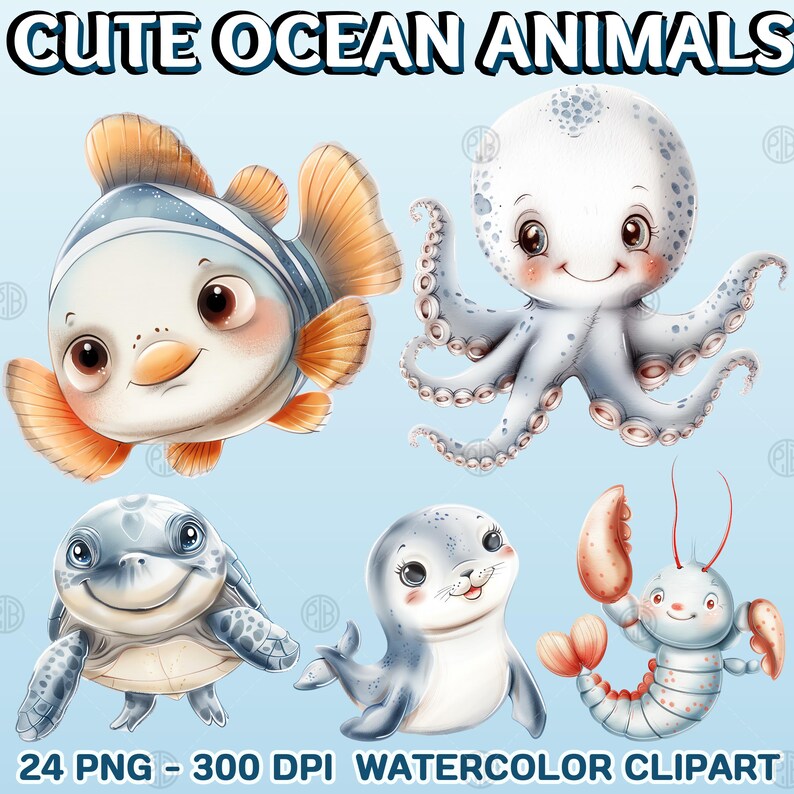 Watercolor Cute Ocean Animals PNG, Sea Sweeties Clip Art, Sealife ...