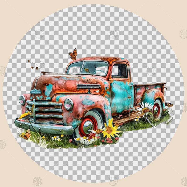 Watercolor Vintage Truck PNG, Floral Clip Art Portrait, Butterfly ...