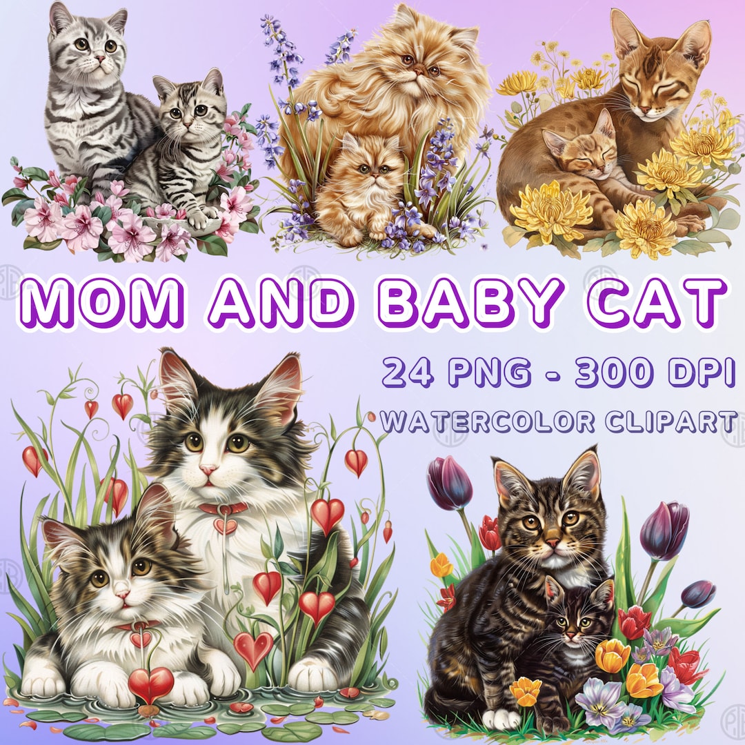 Watercolor Mom Baby Cat PNG, Cute Kitten Flower Clip Art Portrait ...