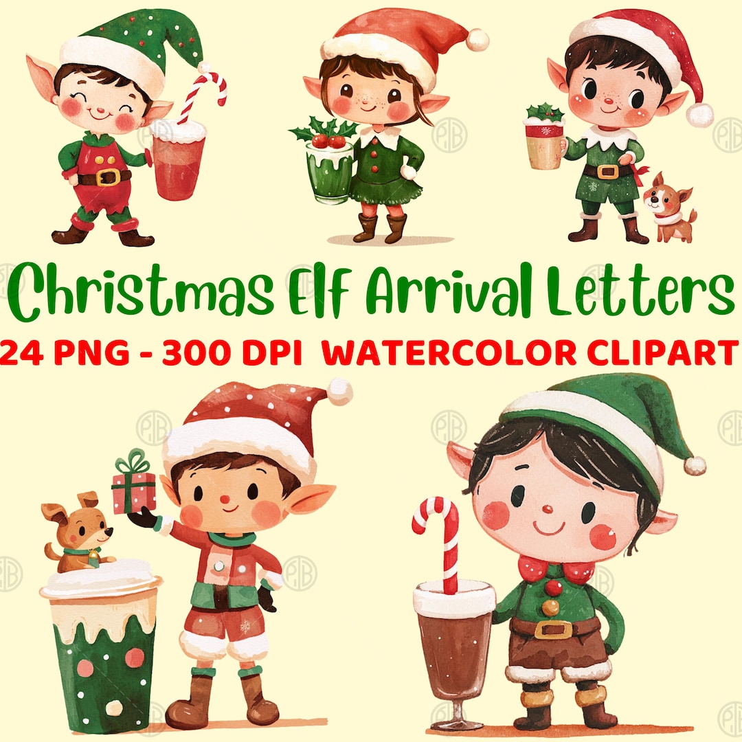 Watercolor Christmas Elf Arrival Letters PNG, Festive Holiday Clip Art ...