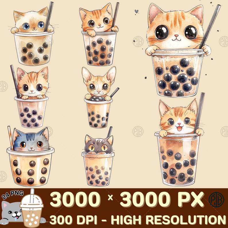 Watercolor Boba Milk Tea Cute Cat PNG, Funny Kitten Clip Art, Kawaii ...