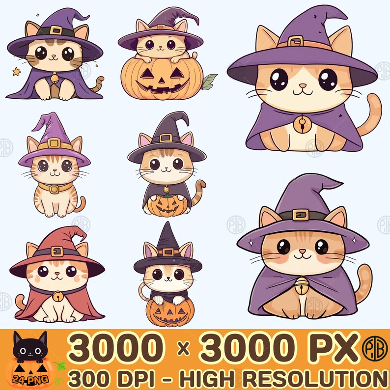 Watercolor Cute Halloween Cats PNG, Witch Kitten Clip Art, Pumpkin ...