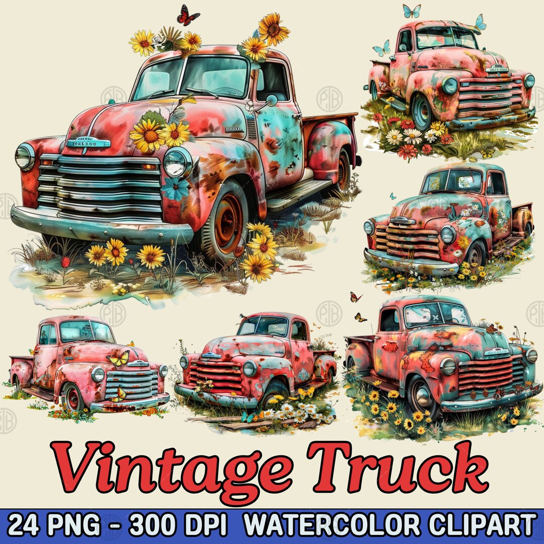 Watercolor Vintage Truck PNG, Floral Clip Art Portrait, Butterfly ...