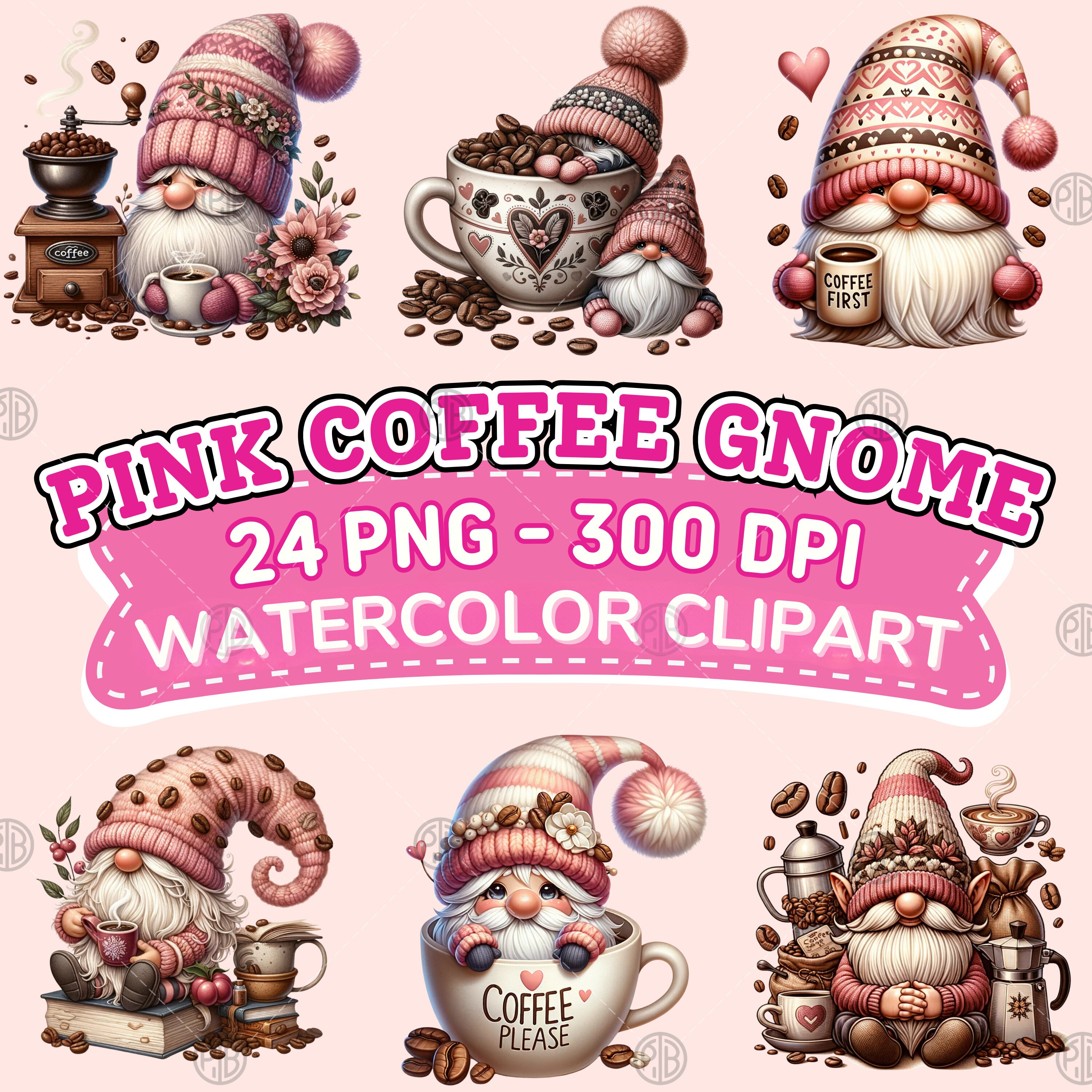 Watercolor Pink Coffee Gnome Clipart, Cute Coffee Latte Gnomes PNG ...