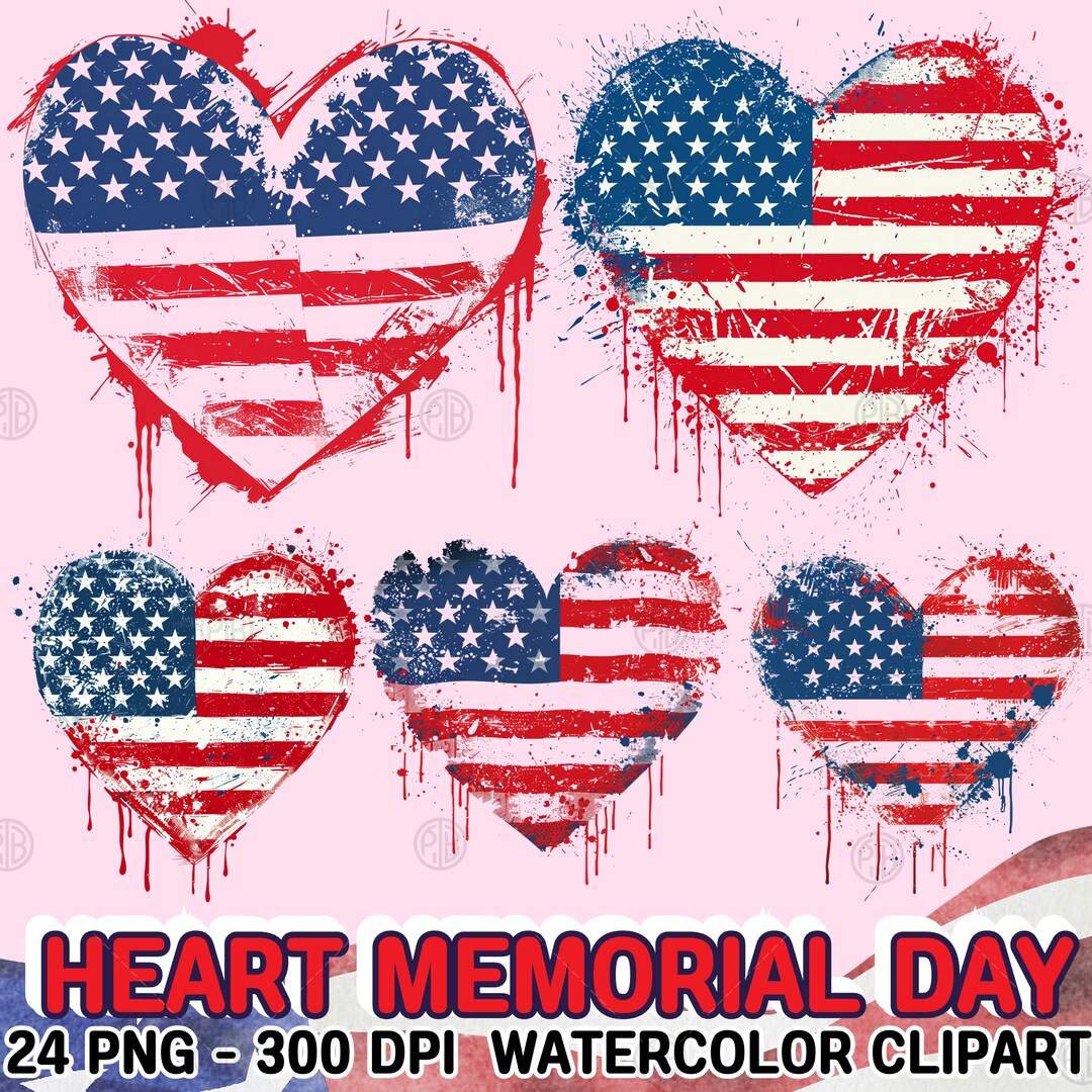 Watercolor Heart Memorial Day PNG, 4th of July Clip Art, Fourth of July ...