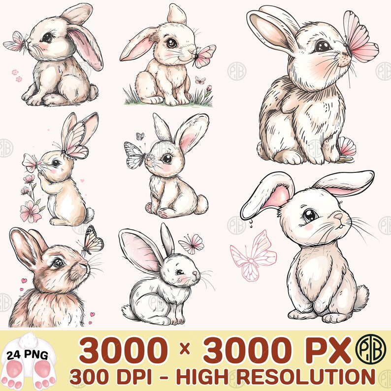 Watercolor Bunny and Butterfly PNG, Spring Animals Clip Art, Cute ...