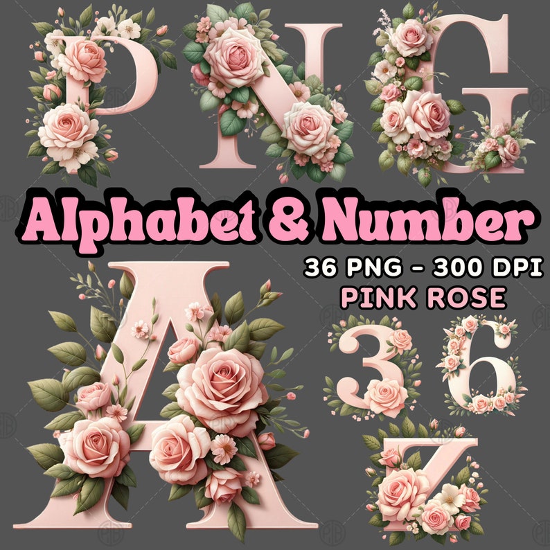 Watercolor Alphabet & Number Soft Pink Rose Clipart, Cute Floral ABC ...