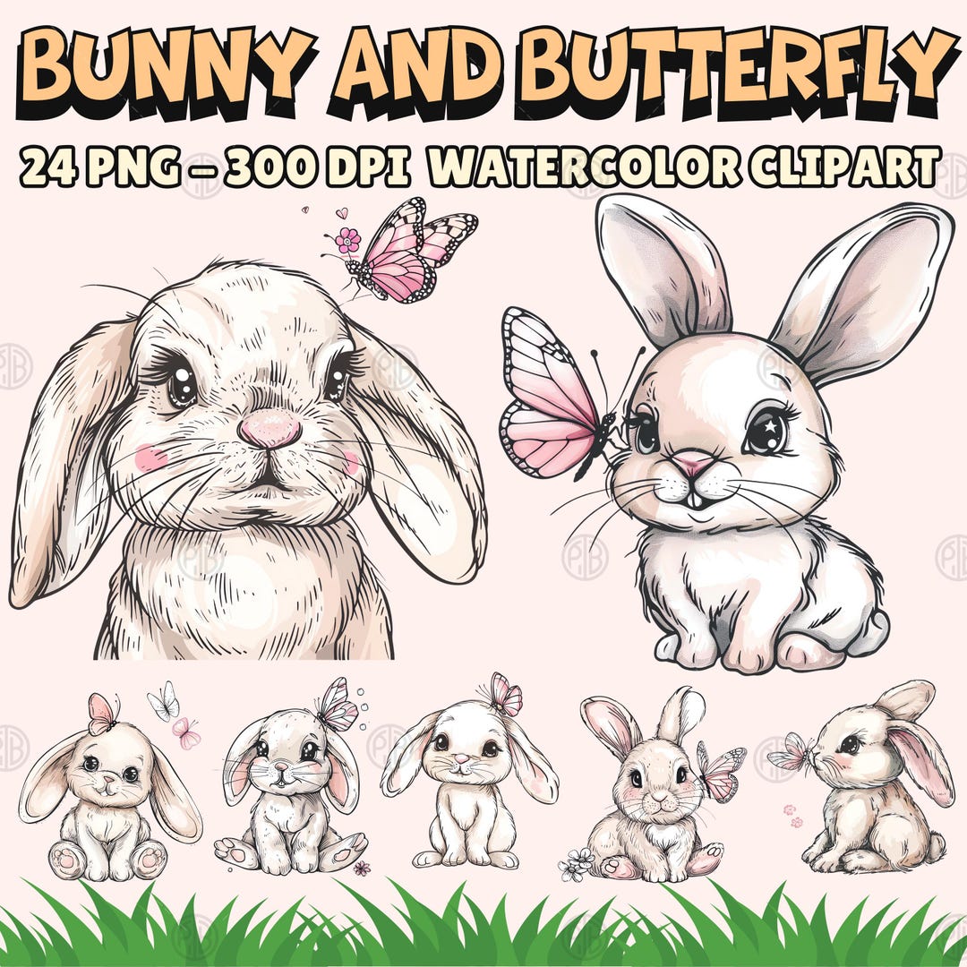 Watercolor Bunny and Butterfly PNG, Spring Animals Clip Art, Cute ...