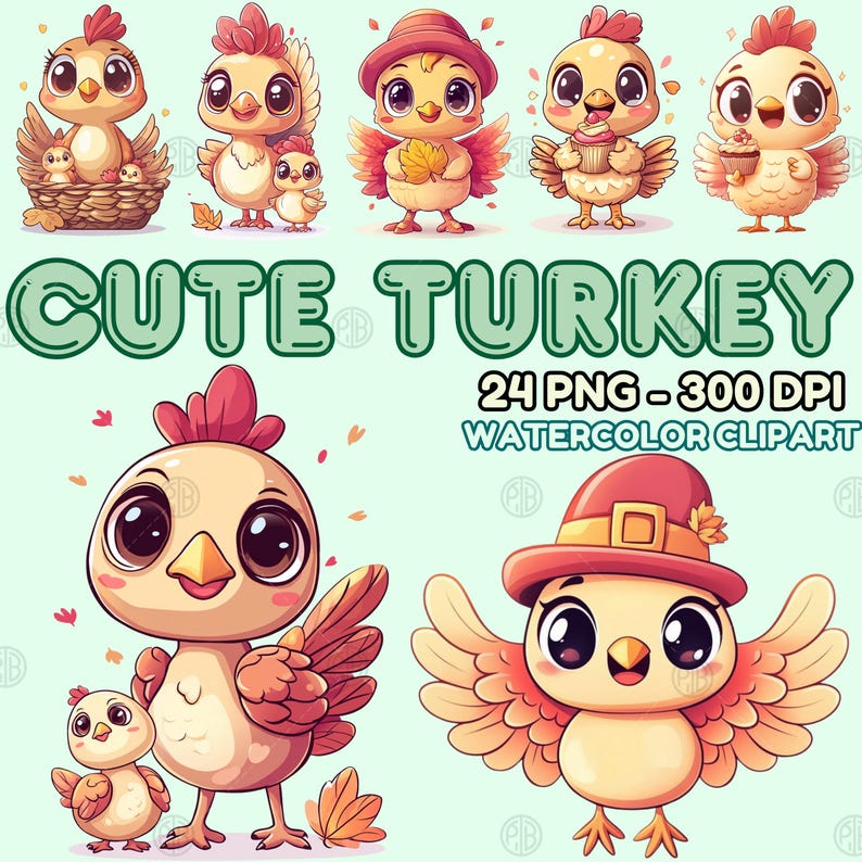 Watercolor Cute Turkey PNG, Cartoon Thanksgiving Clip Art, Kawaii ...