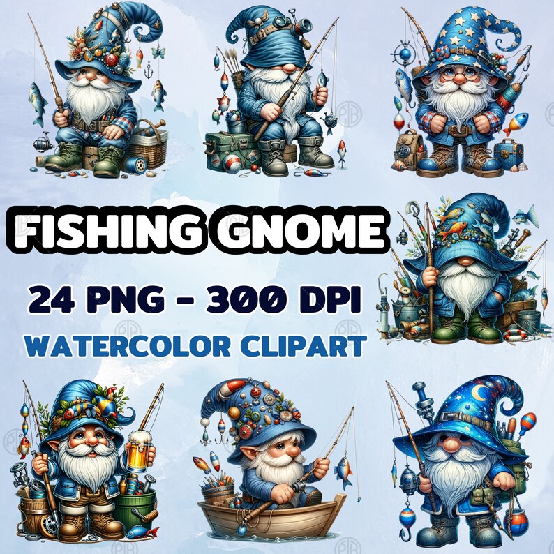 Watercolor Fishing Gnome Clipart, Cute Fisherman Gnomes PNG, Fly ...