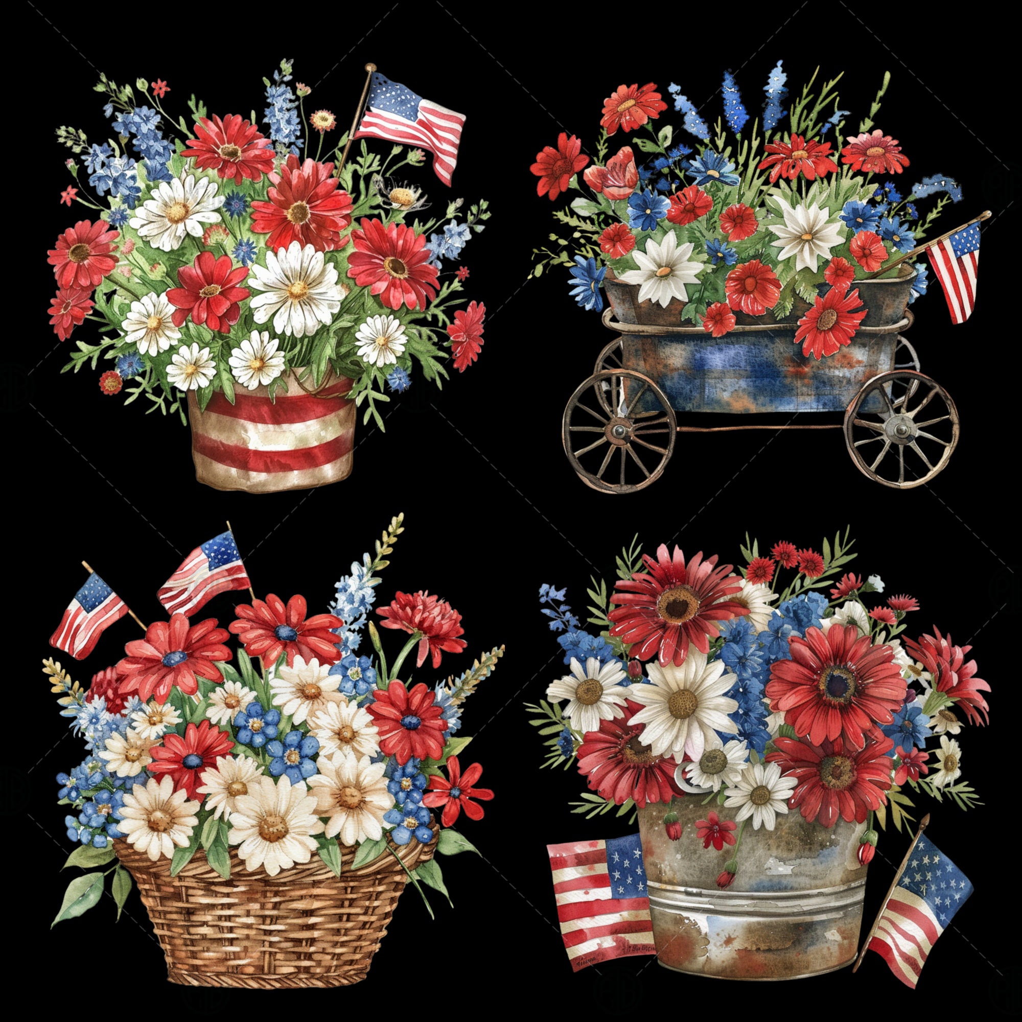 Watercolor Rustic 4th of July Flowers PNG, Patriotic Clip Art, Vintage ...