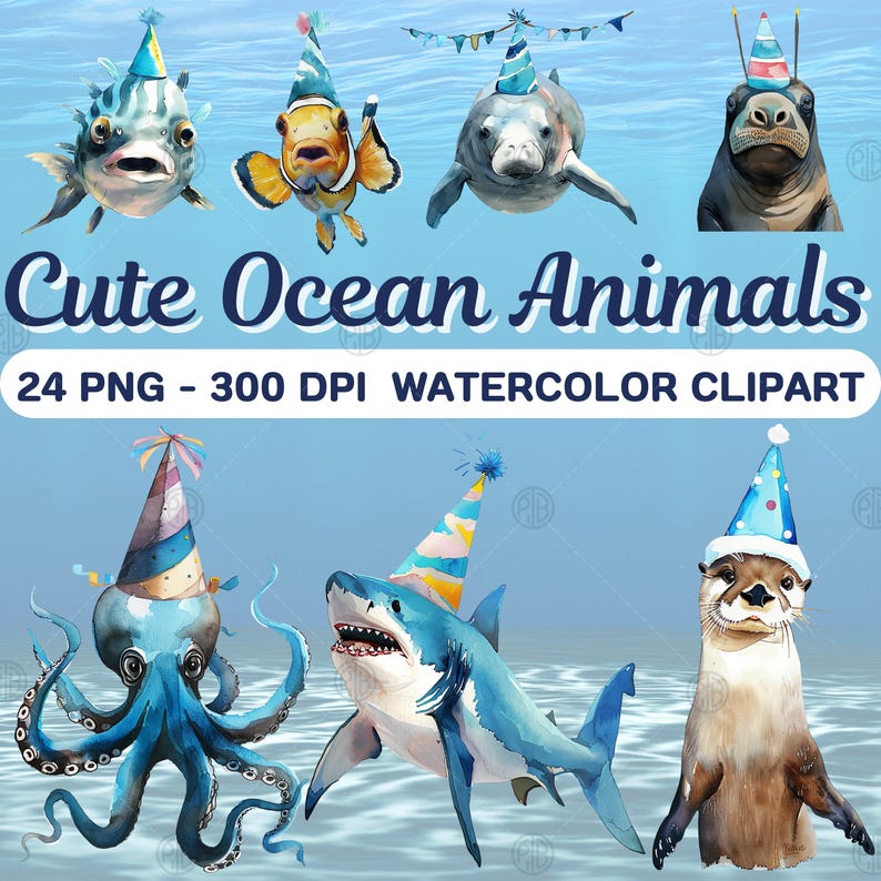 Watercolor Cute Ocean Animals PNG, Sealife Clip Art, Sea Clipart ...