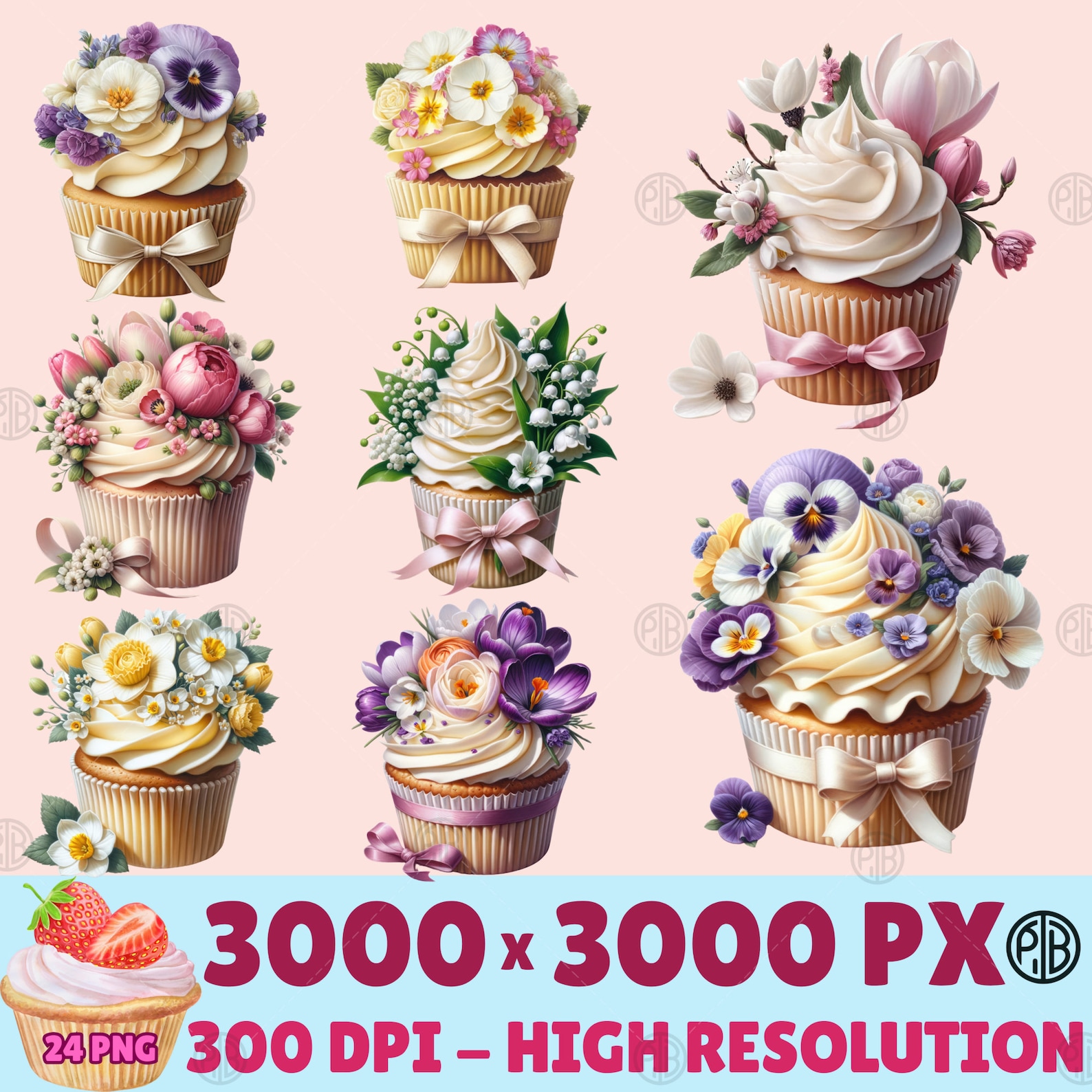 Watercolor Flowers Cupcake PNG, Sweets Clip Art Portrait, Treats ...