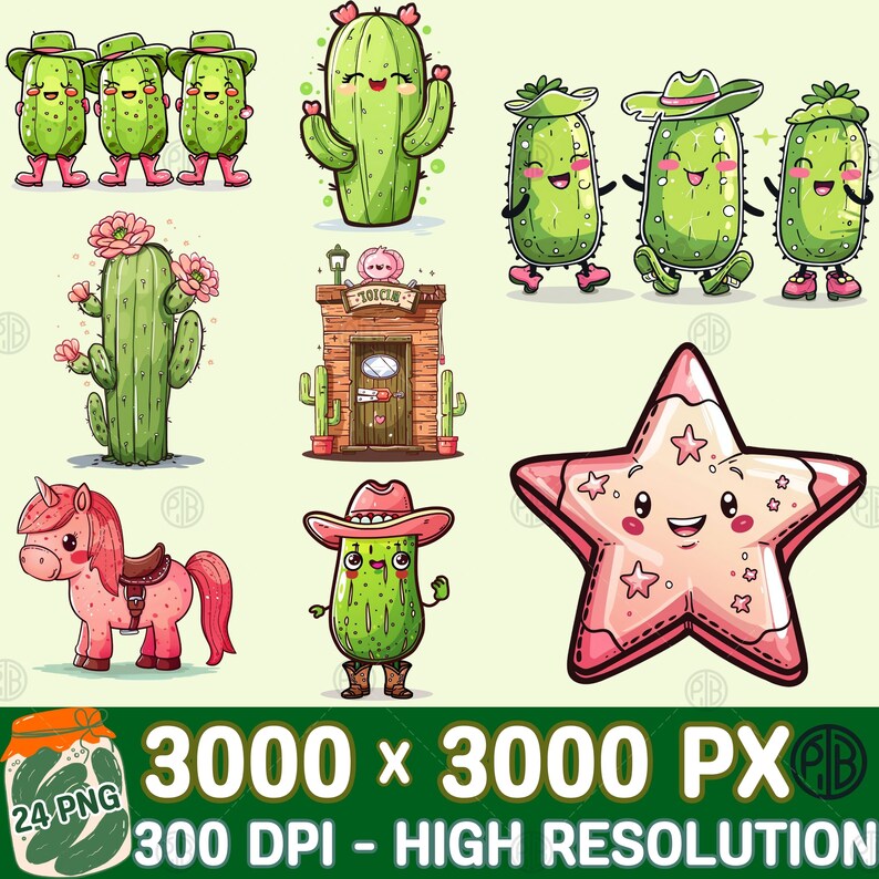 Watercolor Cute Cowboy Cactus PNG, Funny Pickles Clip Art, Western ...