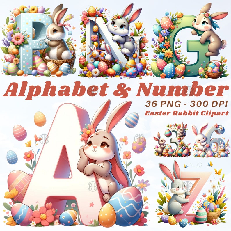 Watercolor Alphabet & Number Cute Rabbit Easter Egg Clipart, Nursery ...
