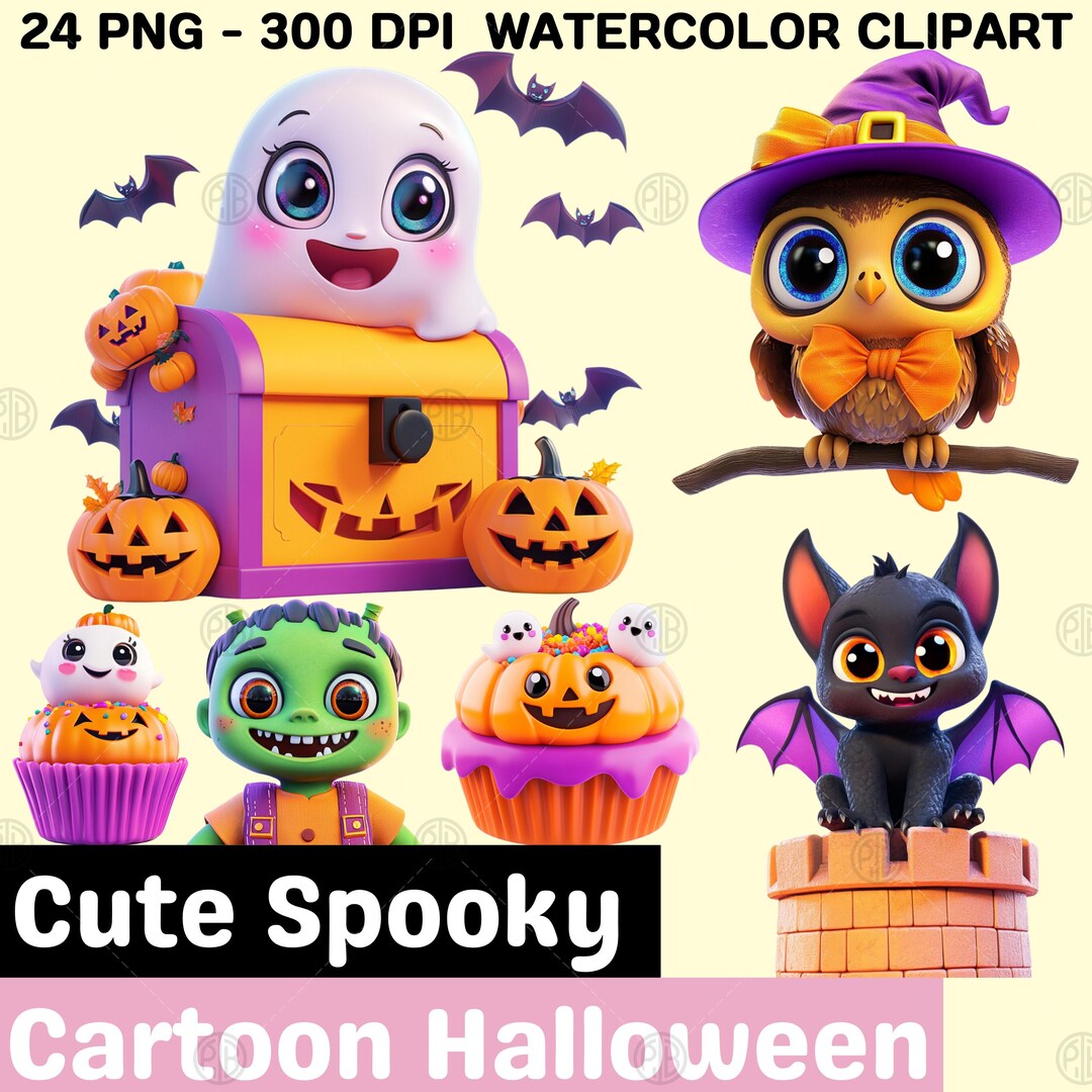 Watercolor Cute Spooky Cartoon Halloween PNG, Pumpkin Clip Art, Kawaii ...
