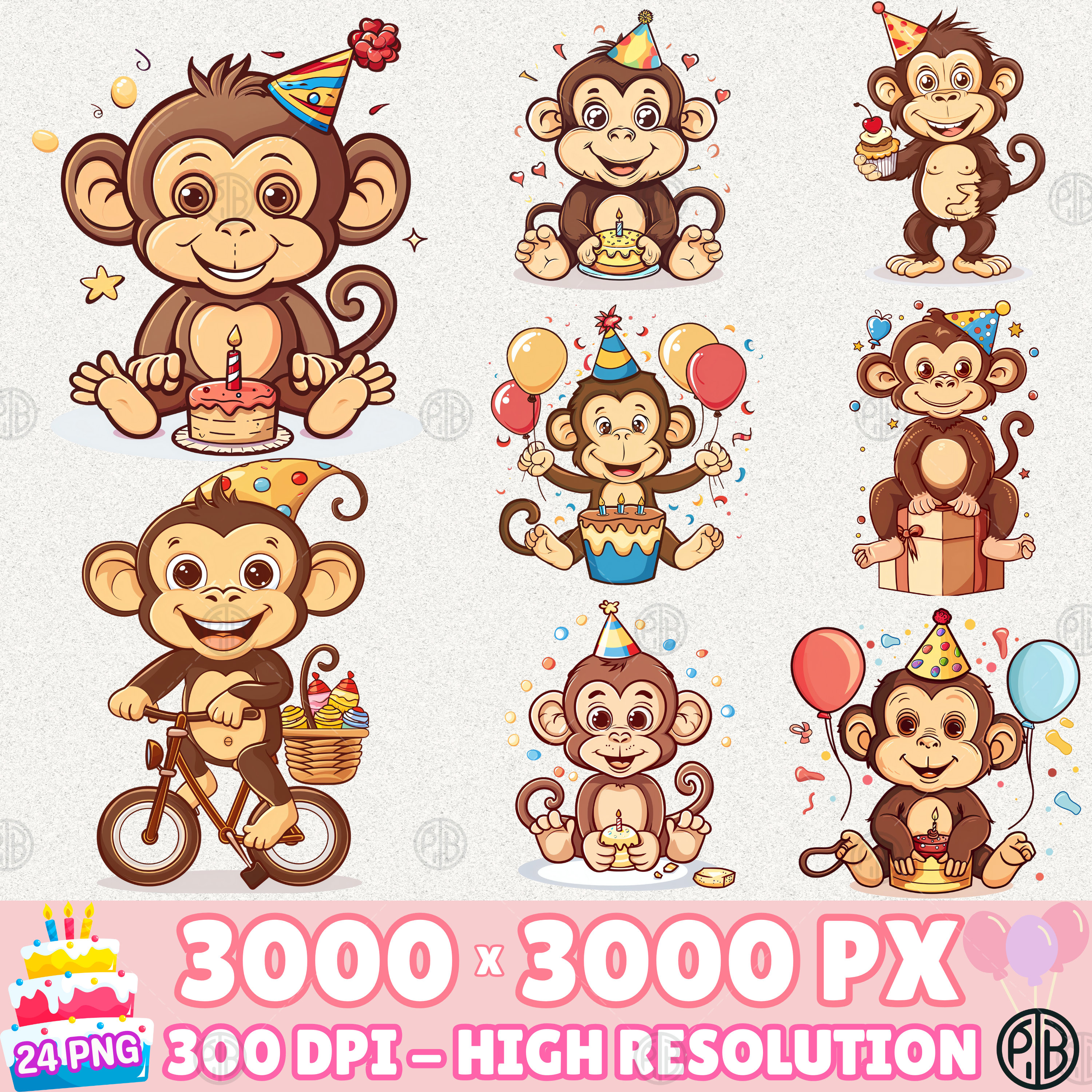 Watercolor Cute Monkey Birthday PNG, Jungle Animal Clip Art, Cake ...