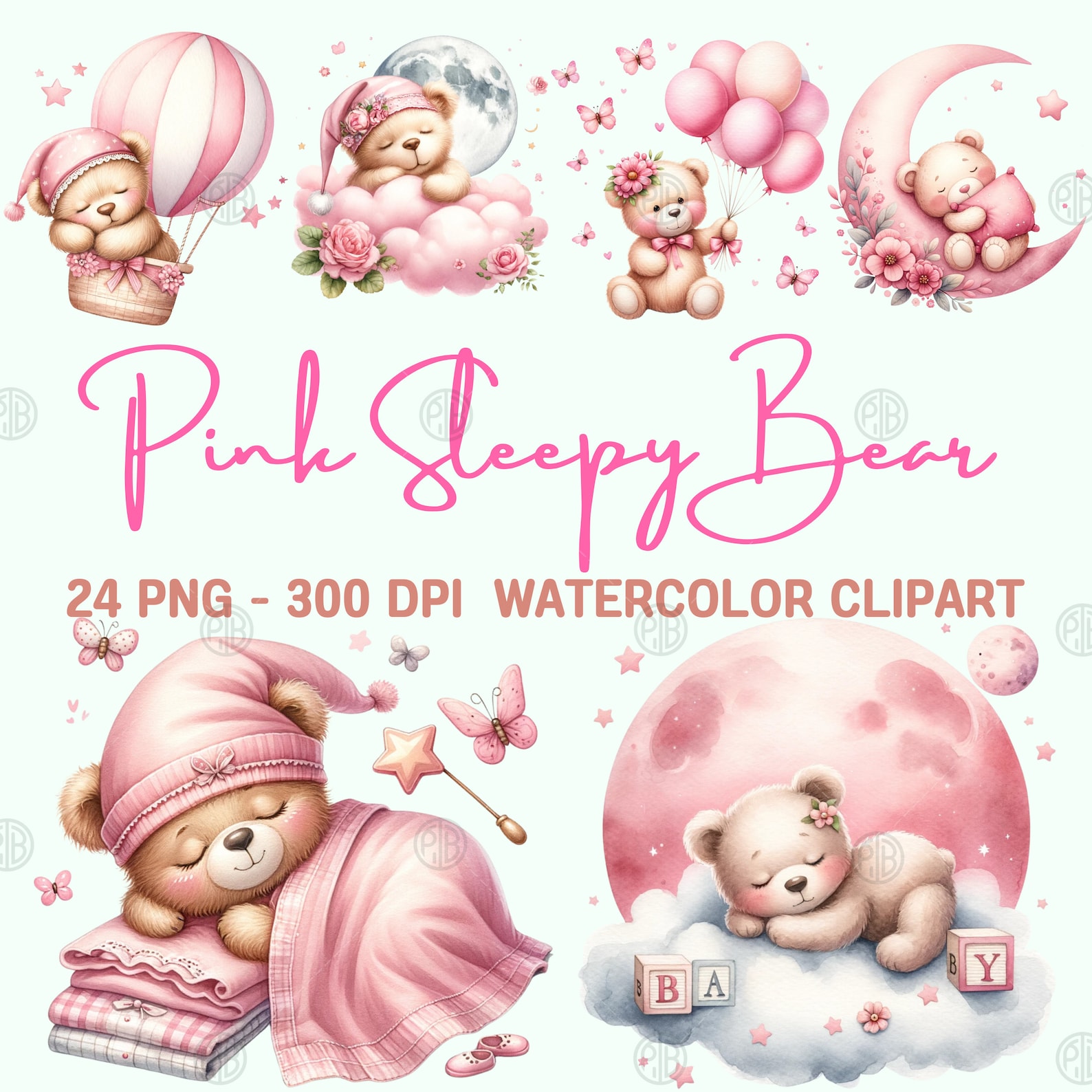 Watercolor Pink Sleepy Bear PNG, Cute Baby Bear Clip Art, Sweet Cartoon ...