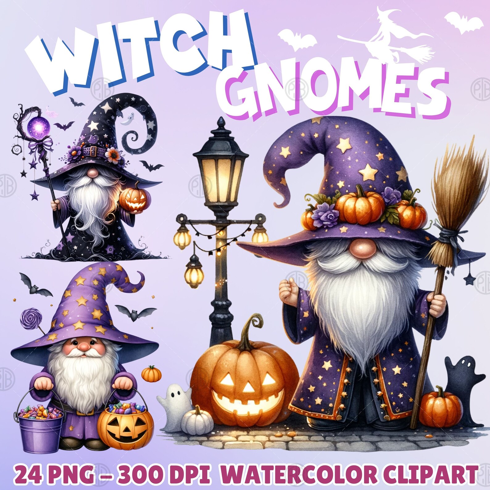 Watercolor Witch Gnomes PNG, Cute Halloween Clip Art, Funny Hat Gnome ...