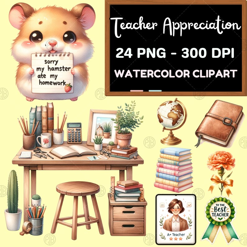 Watercolor Teacher Appreciation PNG, Classroom Clip Art, Educational ...
