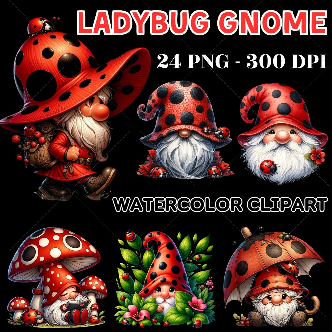 Watercolor Ladybug Gnome Clipart, Cute Love Bug Gnomes PNG, Nursery ...