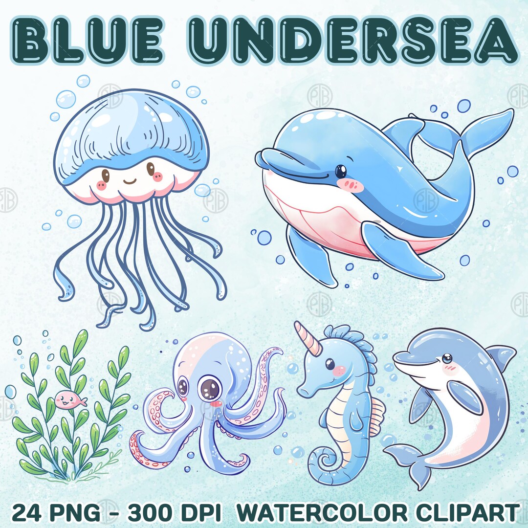 Watercolor Blue Undersea PNG, Ocean Clip Art, Marine Animals Clipart ...
