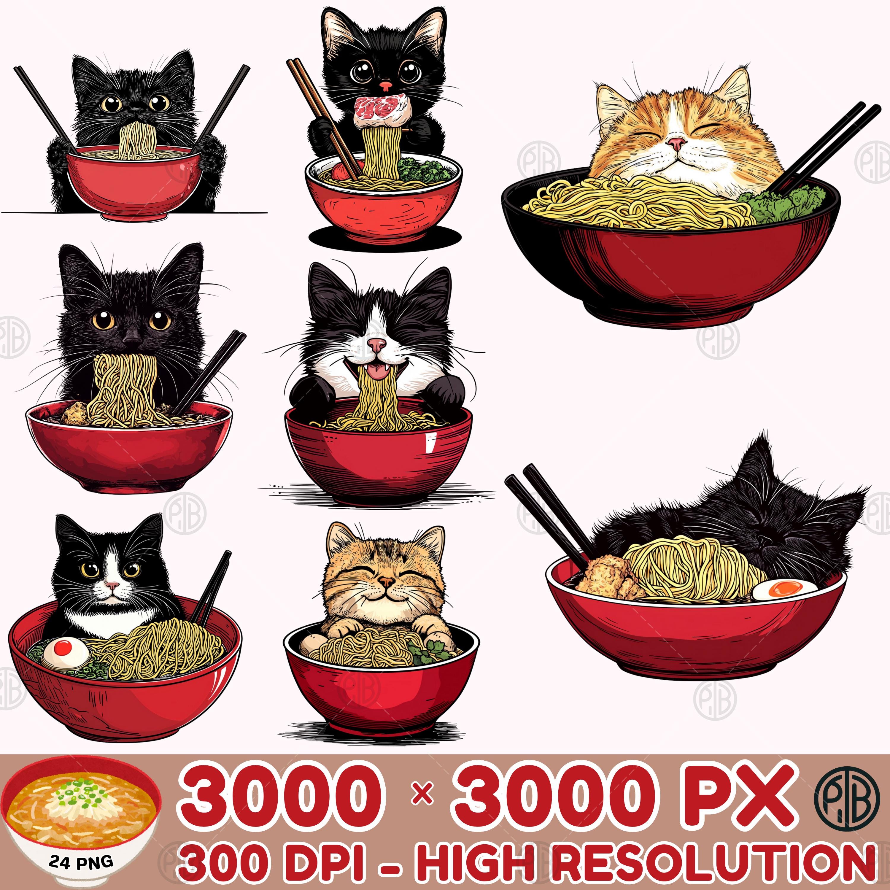 Watercolor Ramen Bowl Cat PNG, Kawaii Cartoon Cats With Noodles Clip ...