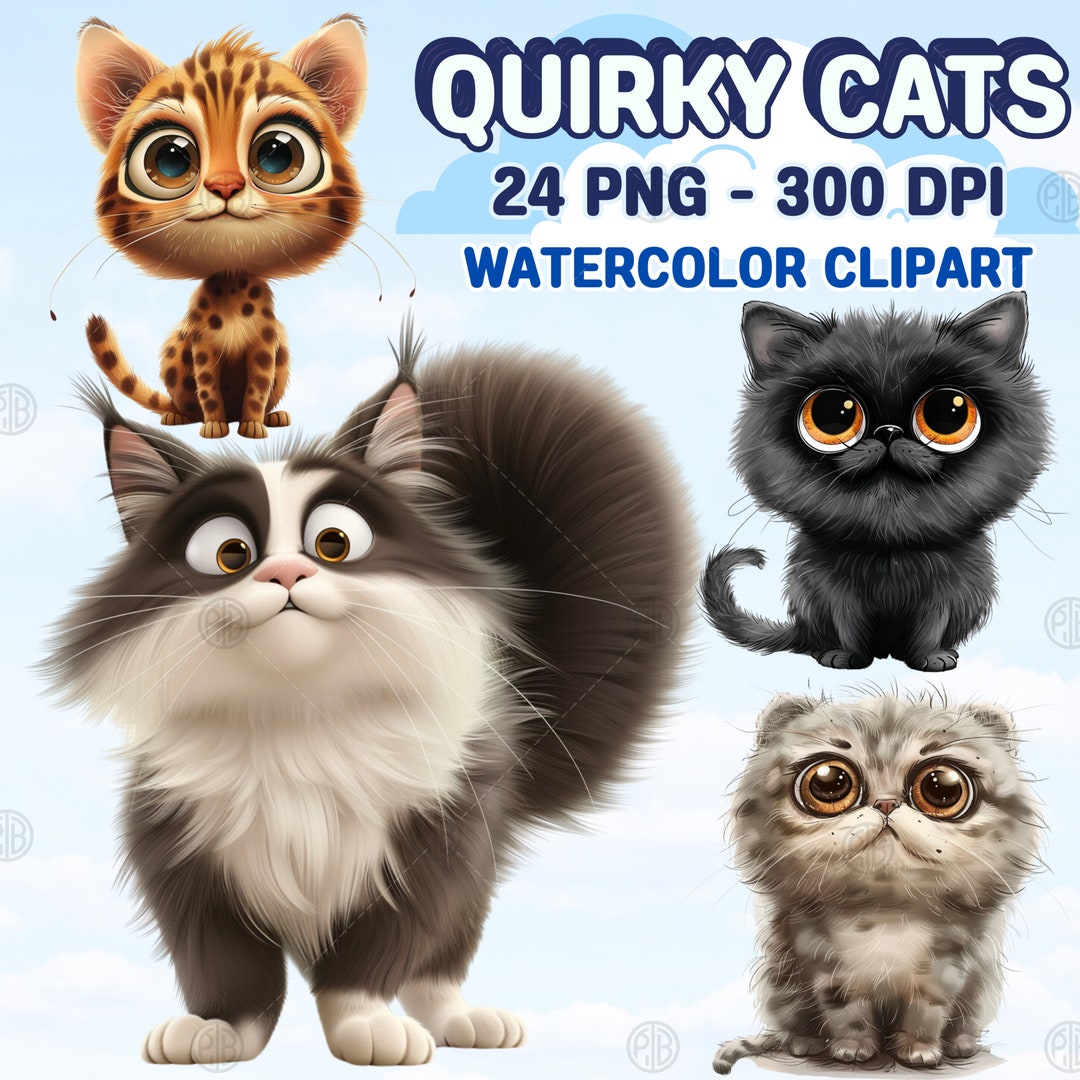 Watercolor Quirky Cats PNG, Whimsical Cat Clip Art, Cute Kitten Clipart ...