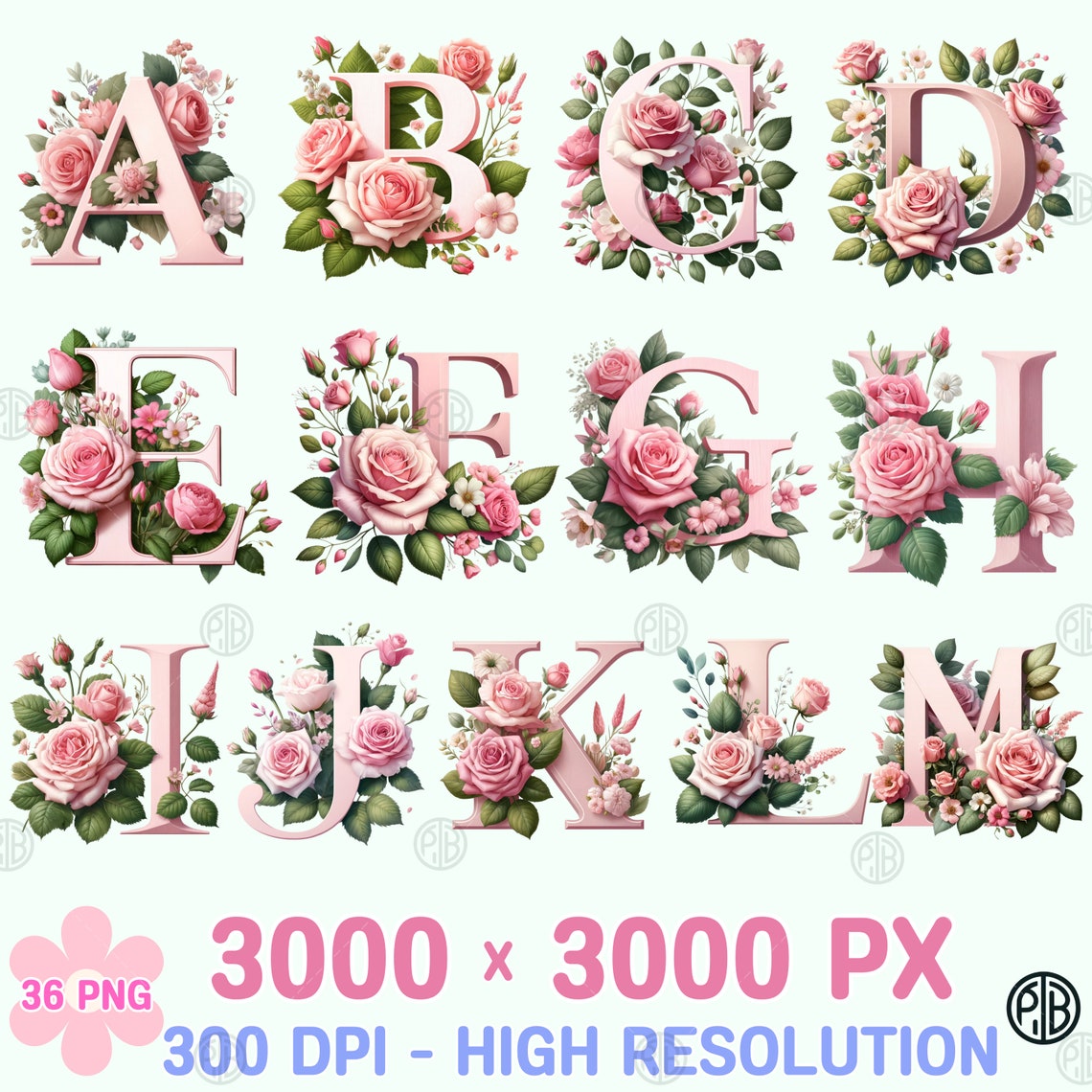 Watercolor Pink Rose Floral Alphabet & Number PNG, Flower Clip Art ...