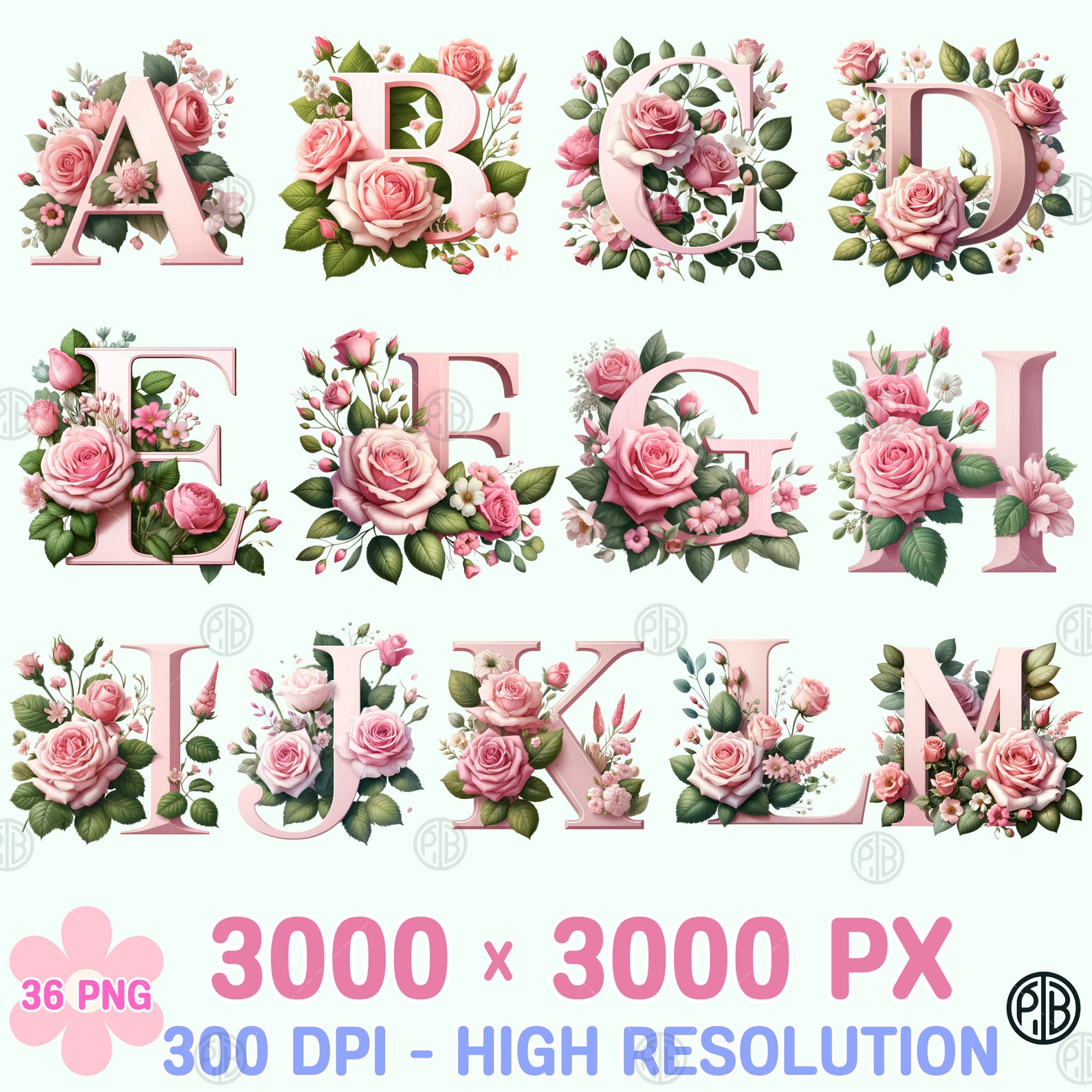 Watercolor Pink Rose Floral Alphabet & Number PNG, Flower Clip Art ...