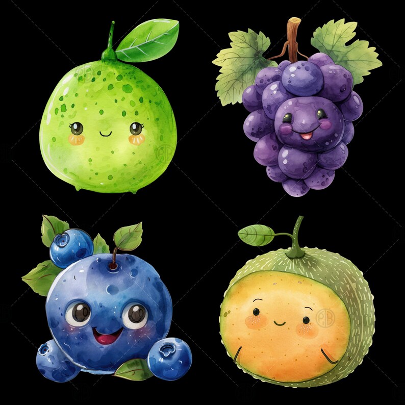 Watercolor Cute Fruits PNG, Kawaii Fruit Clip Art Portrait, Summer ...