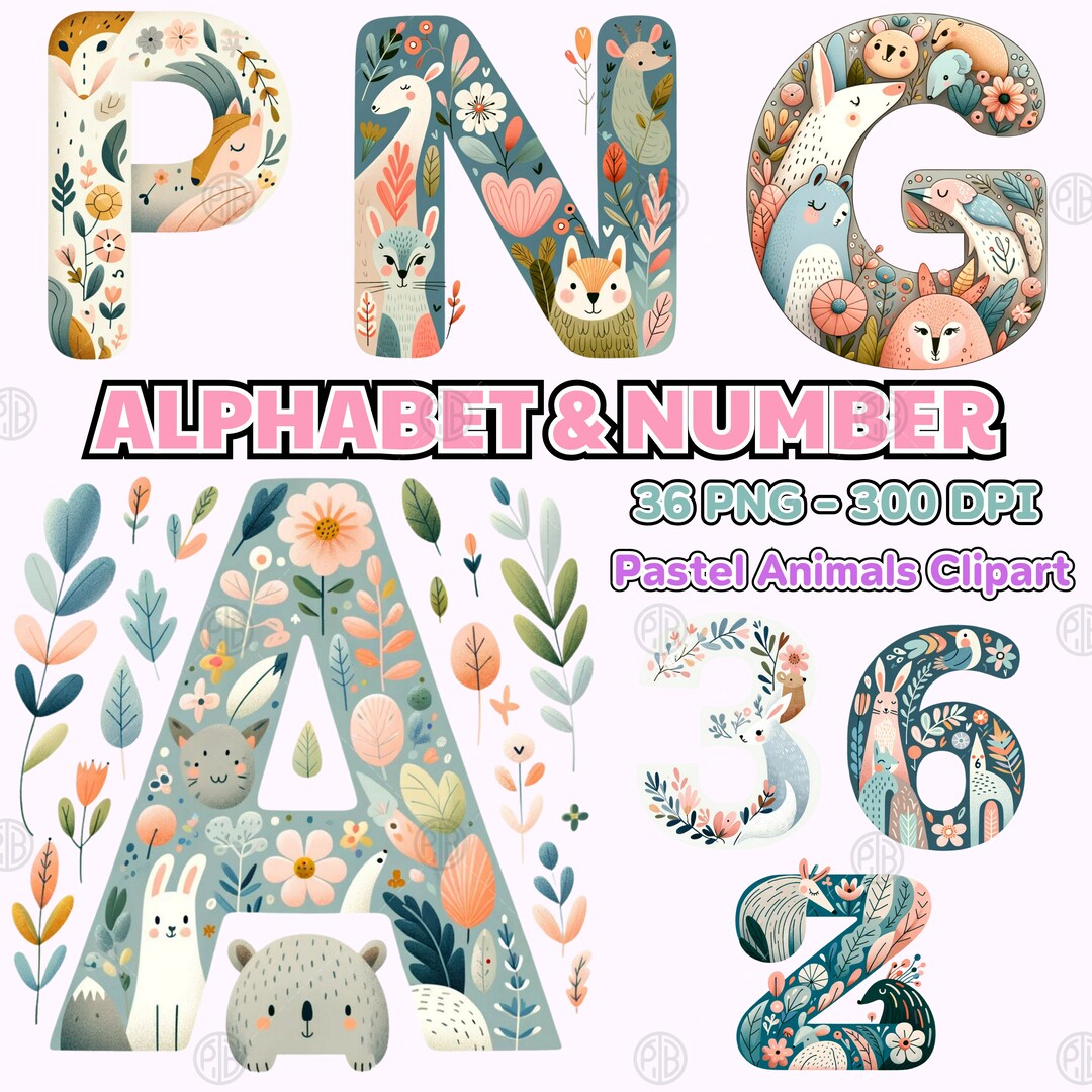 Watercolor Alphabet & Number Pastel Animals Clipart, Cute Animal Forest ...