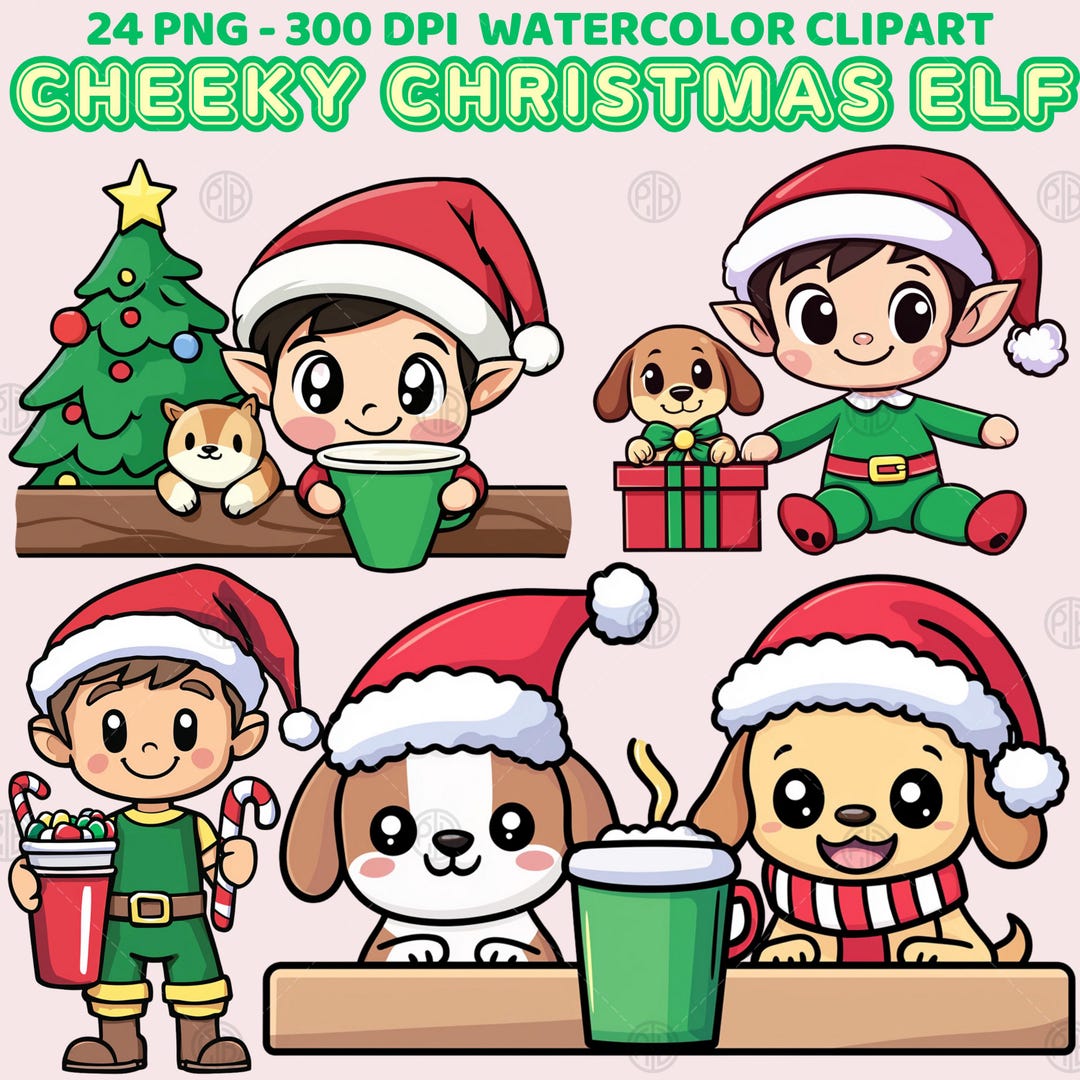 Watercolor Cheeky Christmas Elf and Puppy PNG, Festive Holiday Clip Art ...