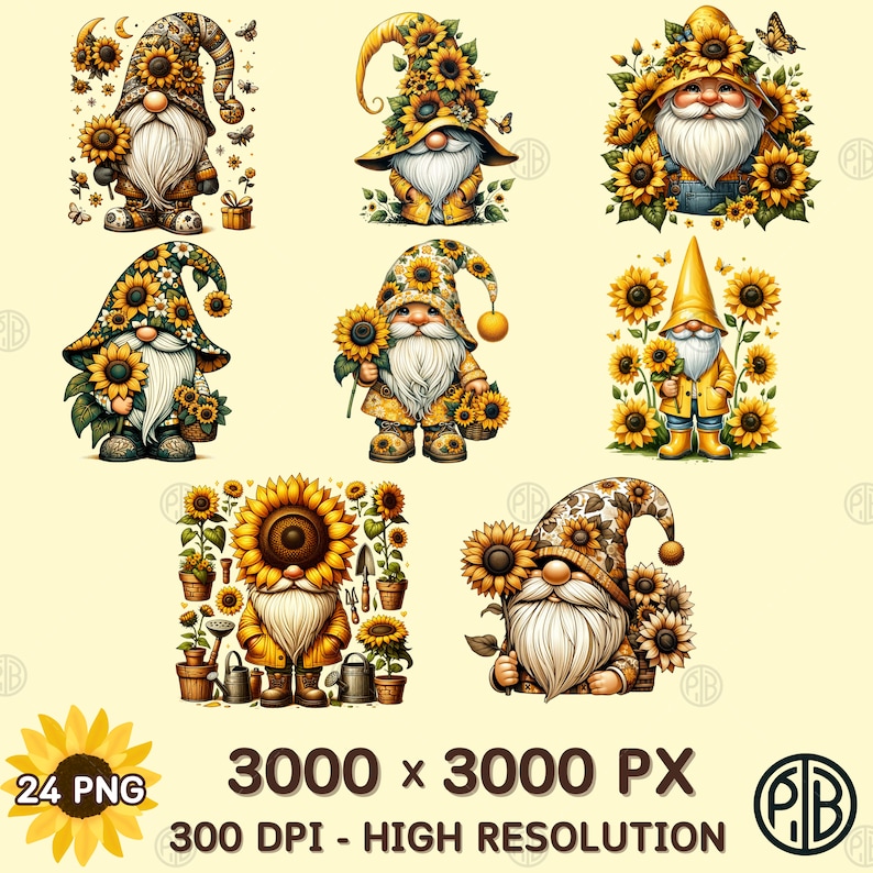 Watercolor Sunflower Gnome Clipart, Cute Sunflowers Gnomes PNG, Spring ...