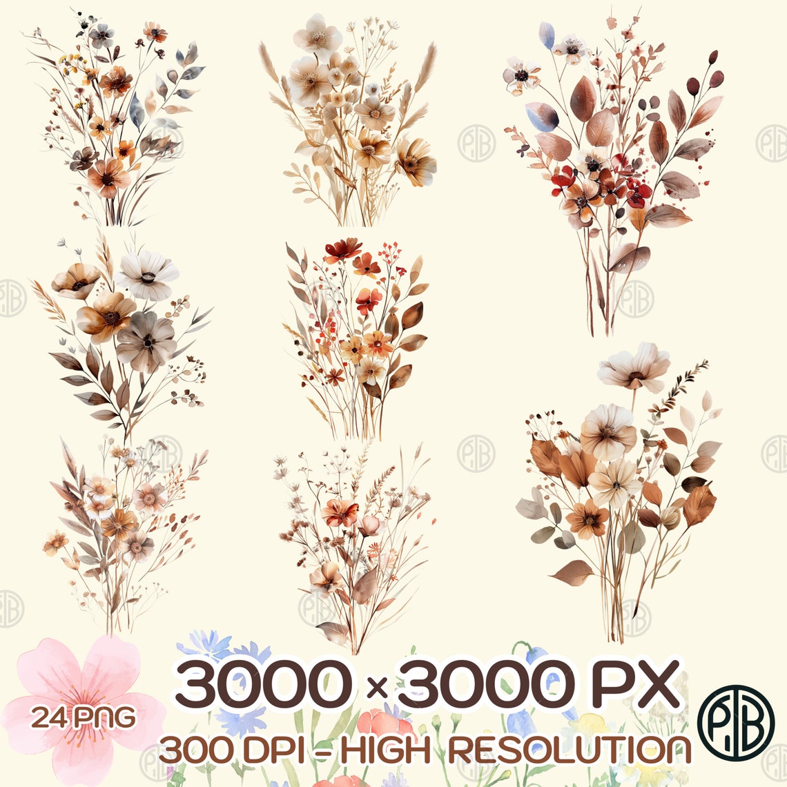 Watercolor Minimalist Wildflower PNG, Flower Clipart, Boho Floral Clip ...