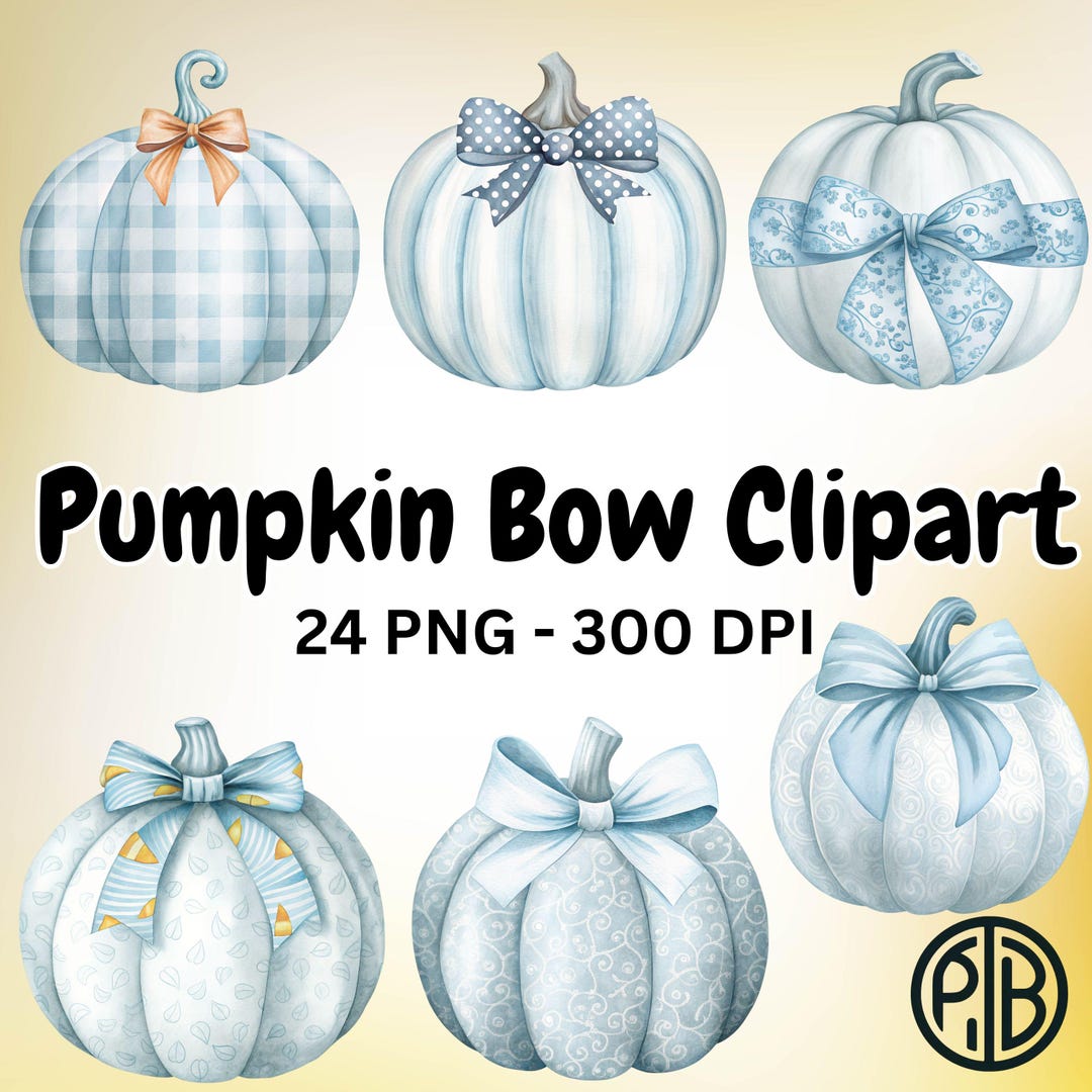 Watercolor Pumpkin Clipart Blue Bow PNG Fall Aesthetic Coquette Gingham ...