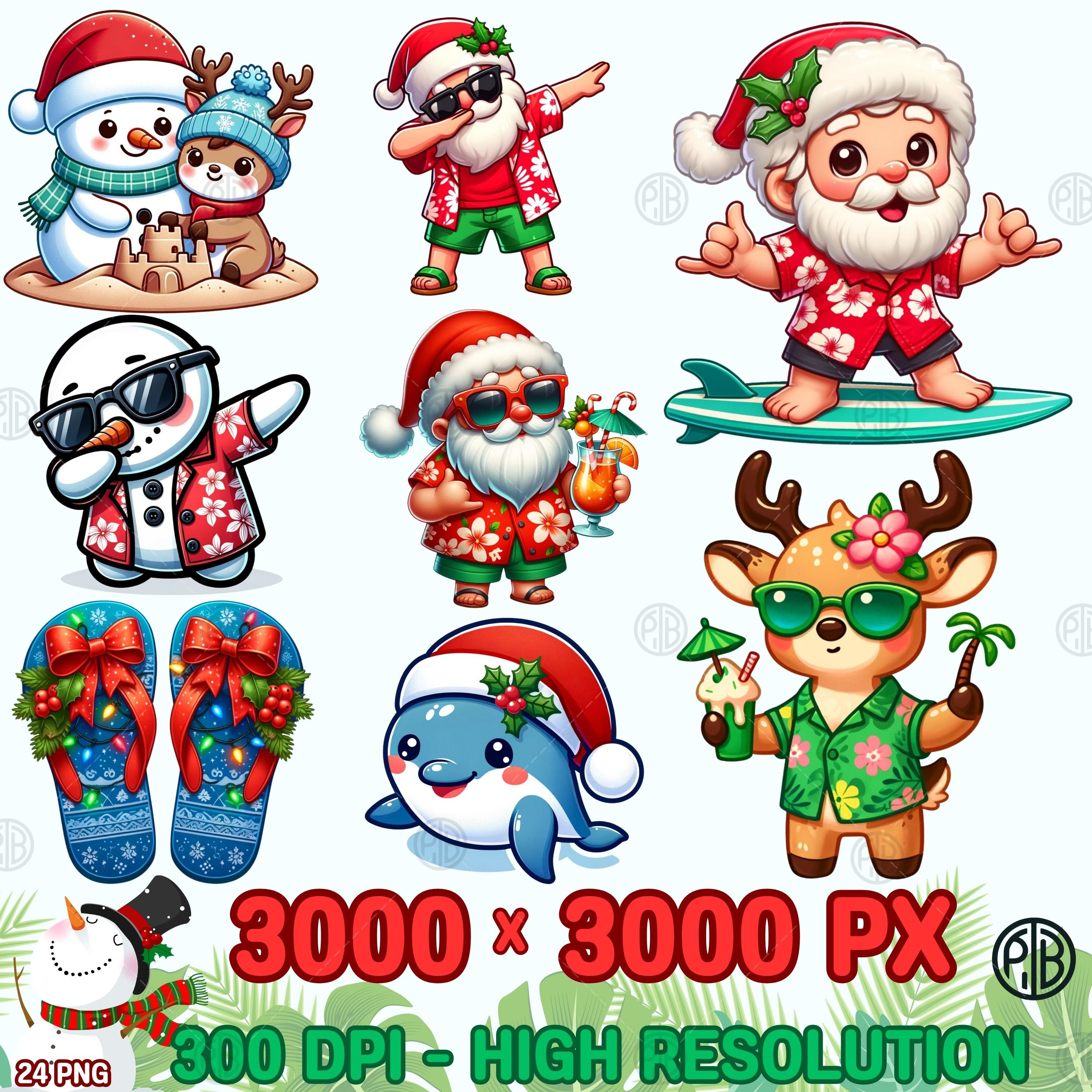 Watercolor Tropical Christmas PNG, Cute Santa Claus in July Clip Art ...