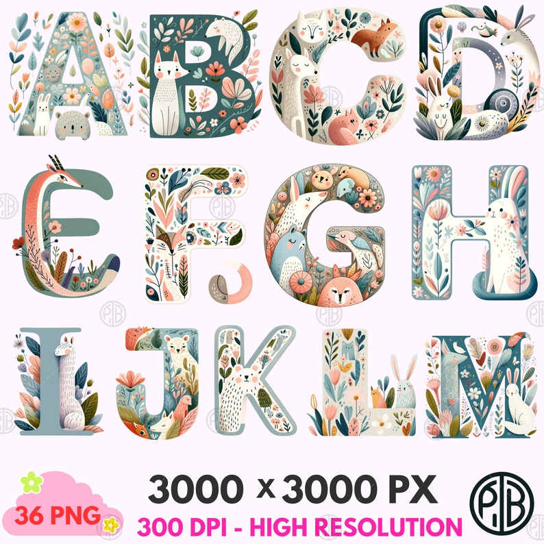 Watercolor Alphabet & Number Pastel Animals Clipart, Cute Animal Forest ABC PNG, A to Z Flower ...