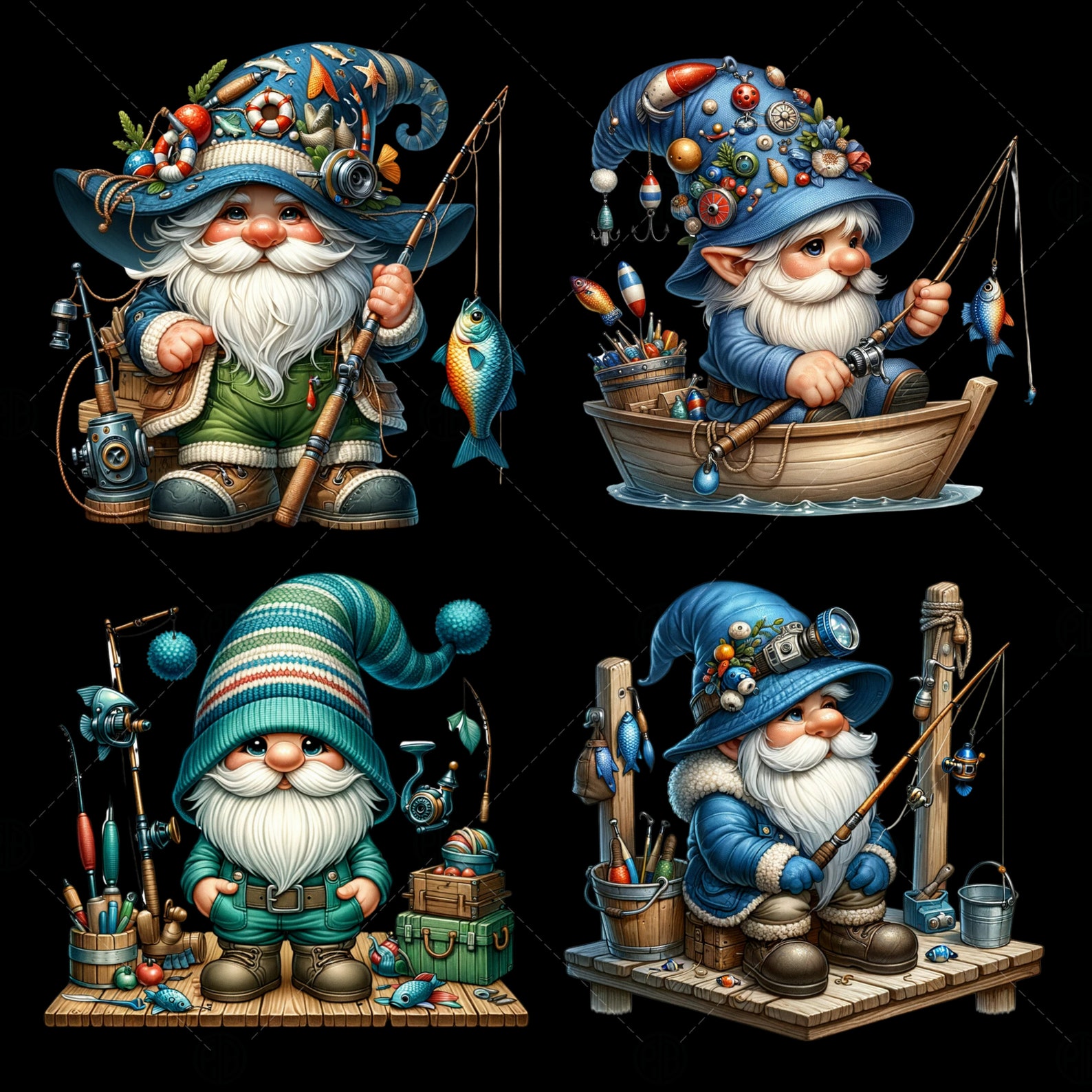 Watercolor Fishing Gnome Clipart, Cute Fisherman Gnomes PNG, Fly ...