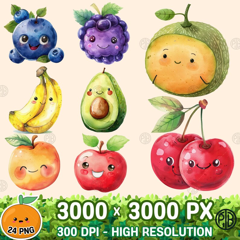 Watercolor Cute Fruits PNG, Kawaii Fruit Clip Art Portrait, Summer ...