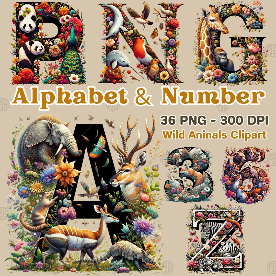 Watercolor Alphabet & Number Wild Animals Clipart, Safari Animal Forest ...